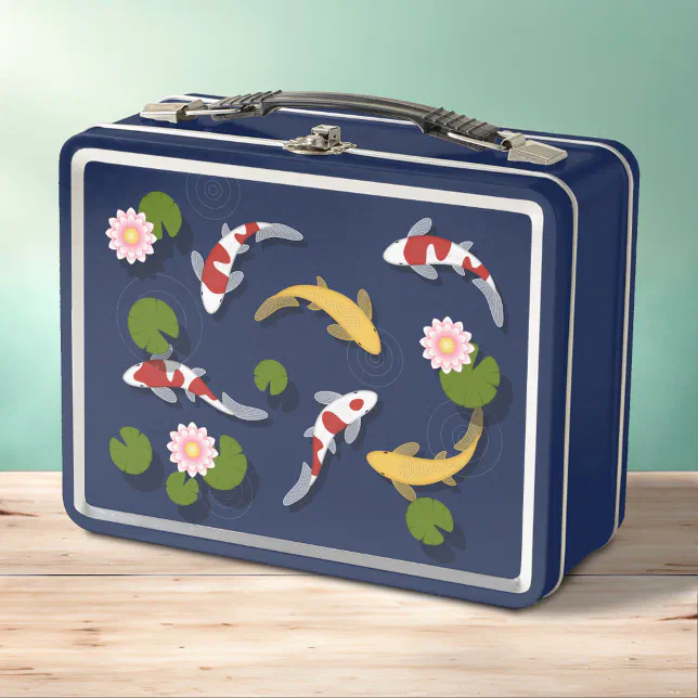 Japanese Koi Fish Pond on Blue Metal Lunch Box | Zazzle
