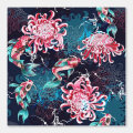 Japanese Koi Fish & Red Chrysanthemums Deep Teal Wallpaper | Zazzle