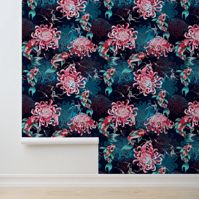 Japanese Koi Fish & Red Chrysanthemums Deep Teal Wallpaper | Zazzle