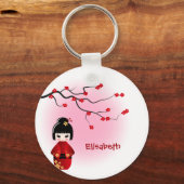 Japanese kokeshi doll at sakura blossoms name keychain | Zazzle