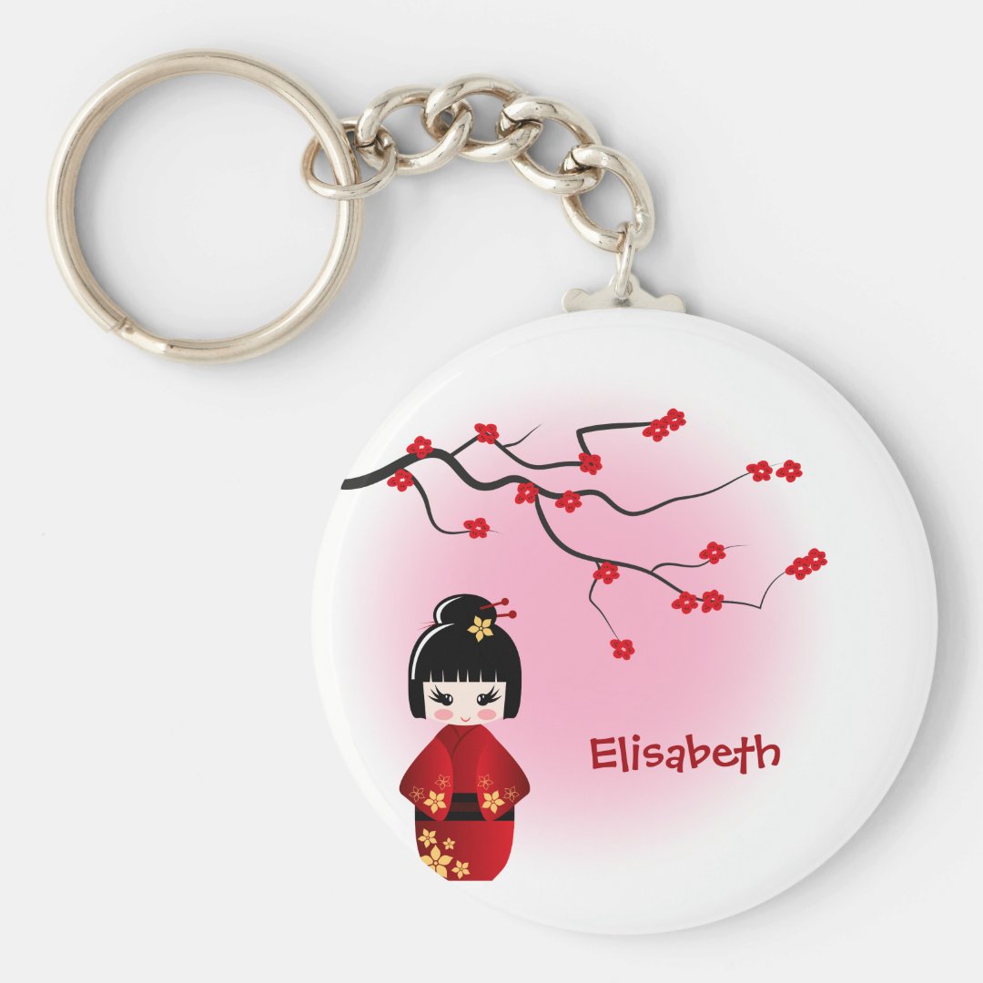 Japanese kokeshi doll at sakura blossoms name keychain | Zazzle