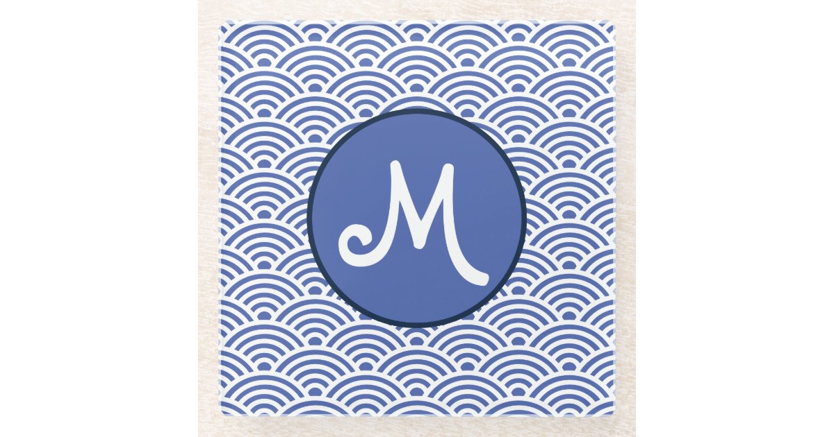 Japanese Nami Wave Pattern and Monogram Glass Coaster | Zazzle