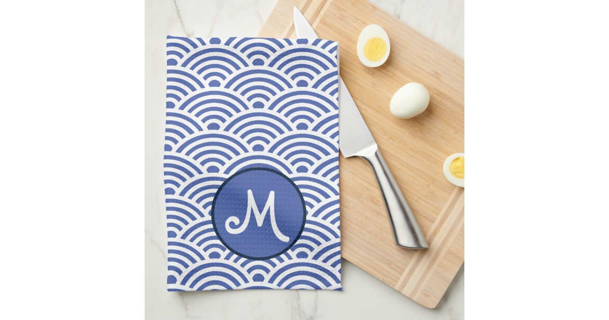 Japanese Nami Wave Pattern and Monogram Kitchen Towel | Zazzle