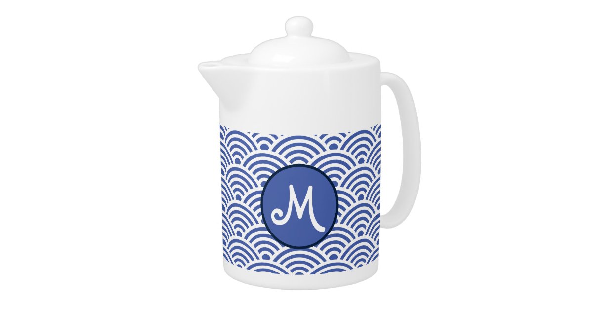 Japanese Nami Wave Pattern with Monogram Teapot | Zazzle