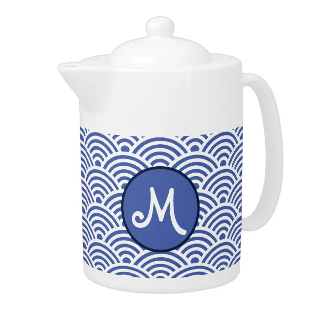 Japanese Nami Wave Pattern with Monogram Teapot | Zazzle