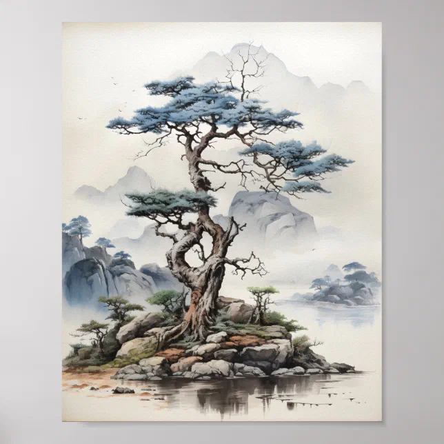 Japanese Nature Bonsai Tree Art Illustration Poster | Zazzle