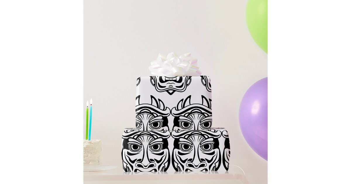 Japanese Oni Mask Tribal Demon Line Art Wrapping Paper | Zazzle