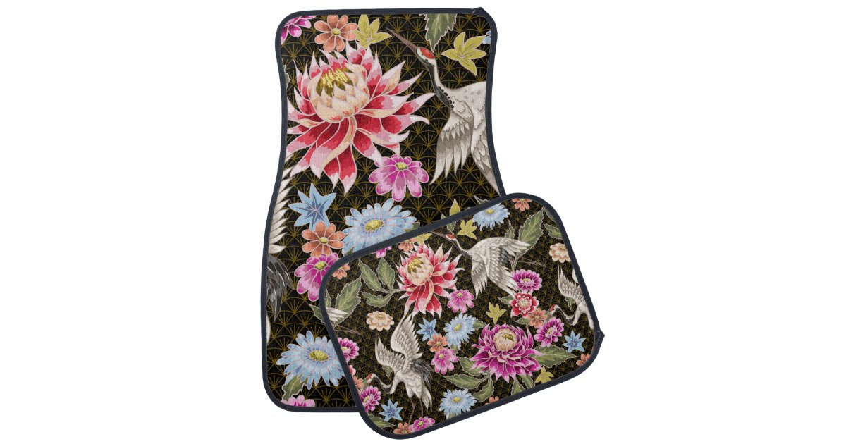 Japanese pattern with flowers and white cranes car floor mat | Zazzle