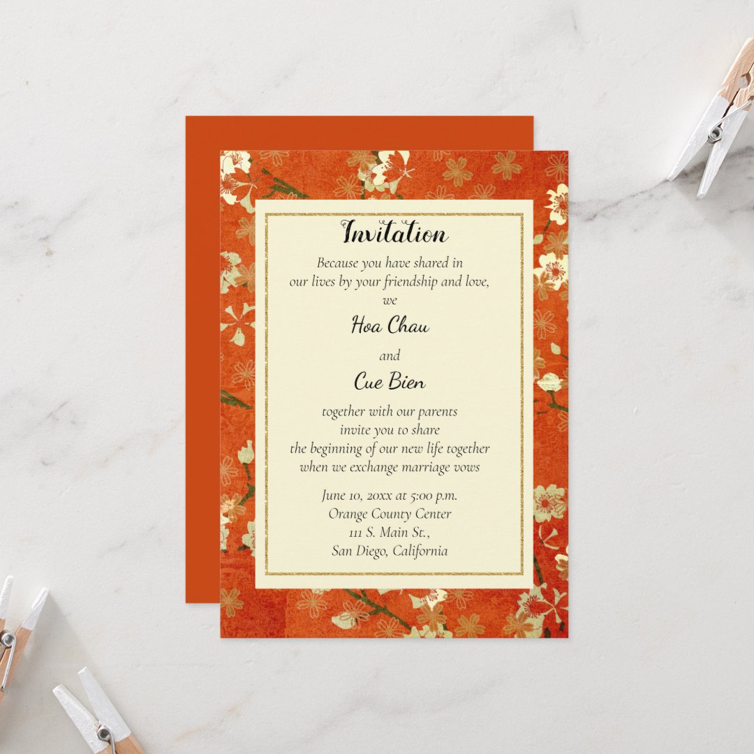 Japanese Red and Gold Floral Invitation Wedding | Zazzle