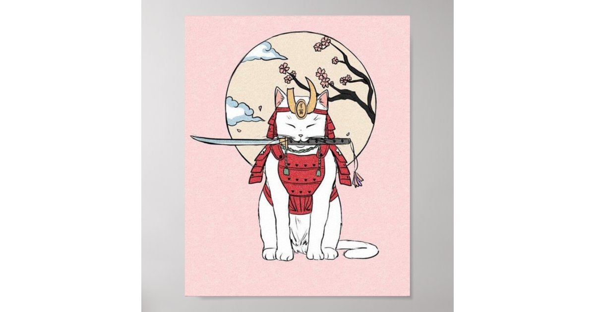Japanese Sakura Samurai Cat Poster | Zazzle