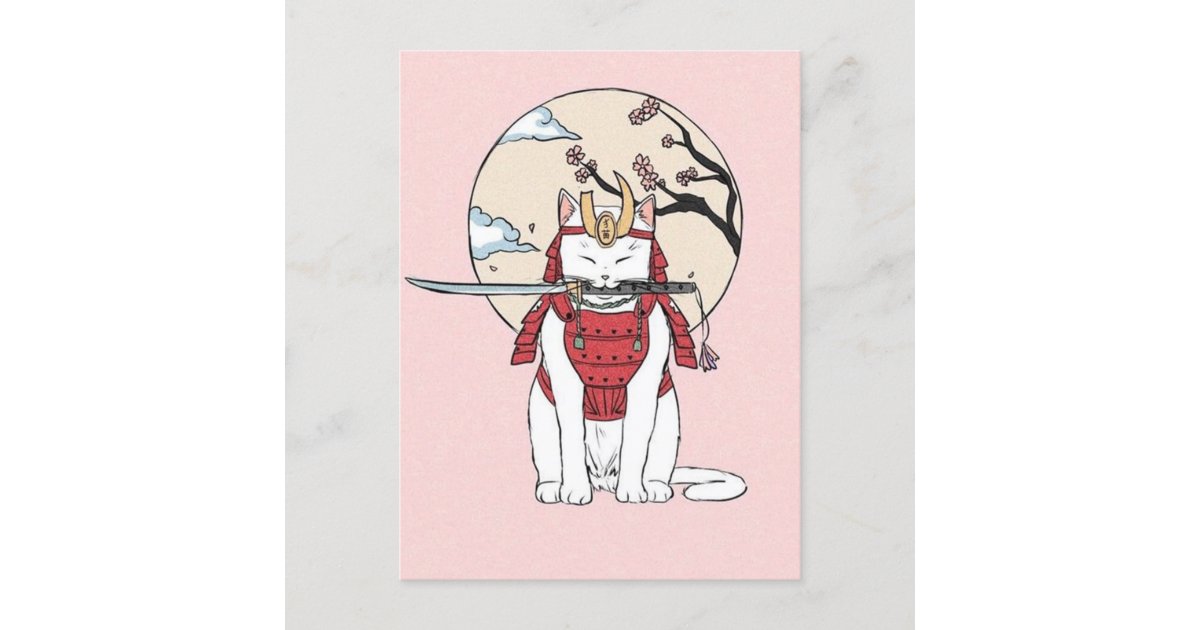 Japanese Sakura Samurai Cat Poster Postcard | Zazzle
