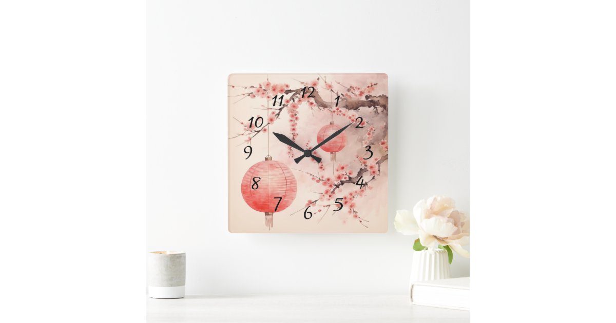 Japanese Sakura Tree and Lanterns Square Wall Clock | Zazzle