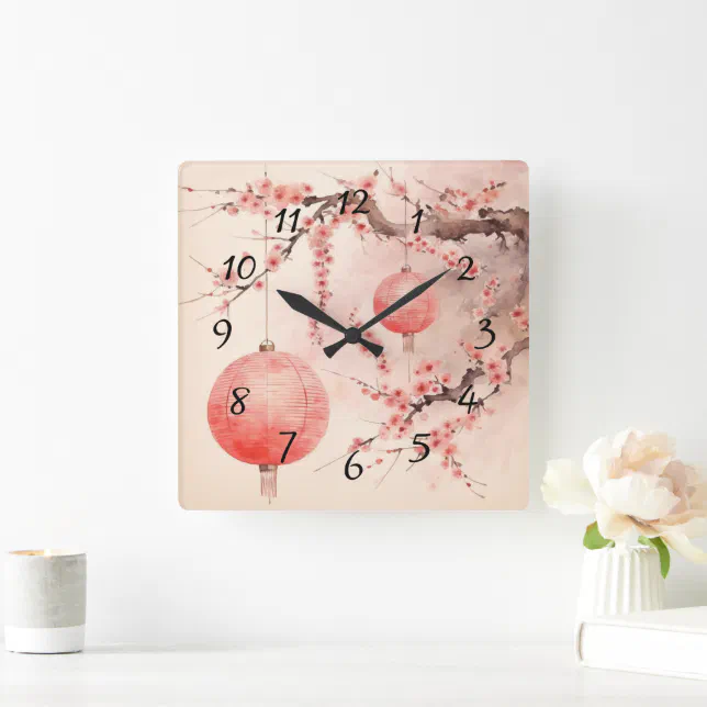 Japanese Sakura Tree and Lanterns Square Wall Clock | Zazzle