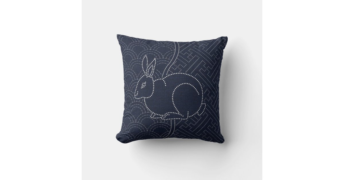 Japanese sashiko rabbit throw pillow | Zazzle