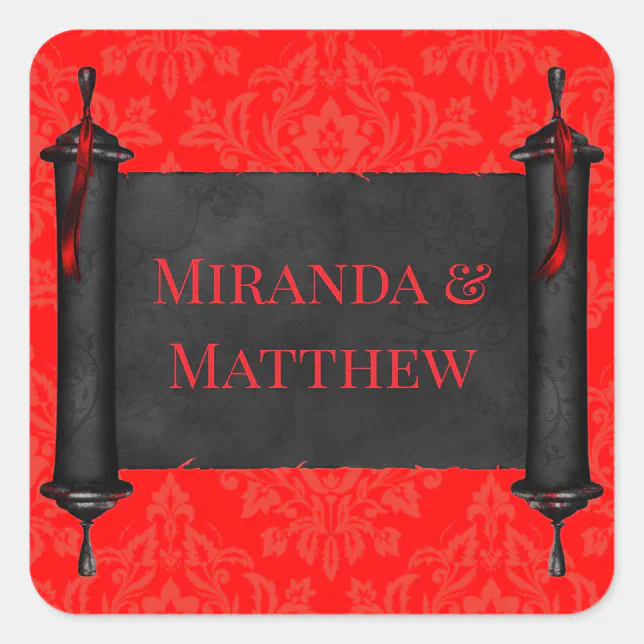Japanese Scroll Red Black Damask Wedding Square Sticker | Zazzle
