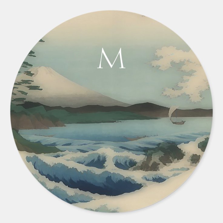 Japanese sea view -monogrammed classic round sticker | Zazzle