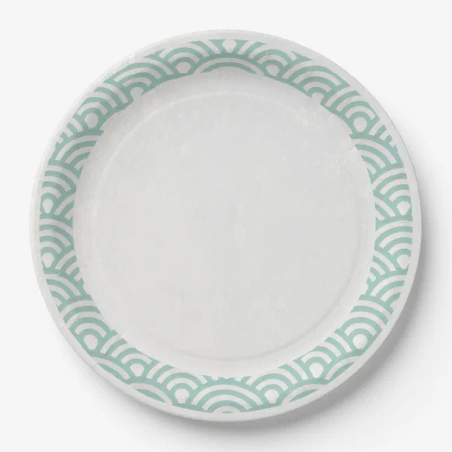 Japanese Seigaiha Waves Elegant Jade Green + White Paper Plates | Zazzle