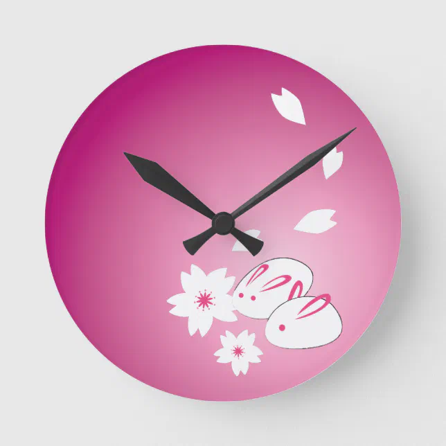 Japanese Snow Rabbits and Sakura Round Clock | Zazzle