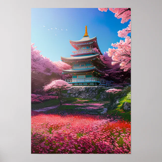 Japanese Temple amid the Scarlet Symphony Poster | Zazzle