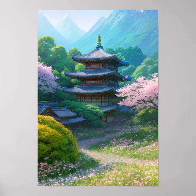Japanese Temple Amidst Beautiful Scenery Poster | Zazzle