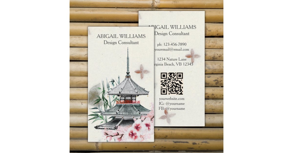 Japanese Temple, Bamboo, Cherry Blossoms Business Card | Zazzle