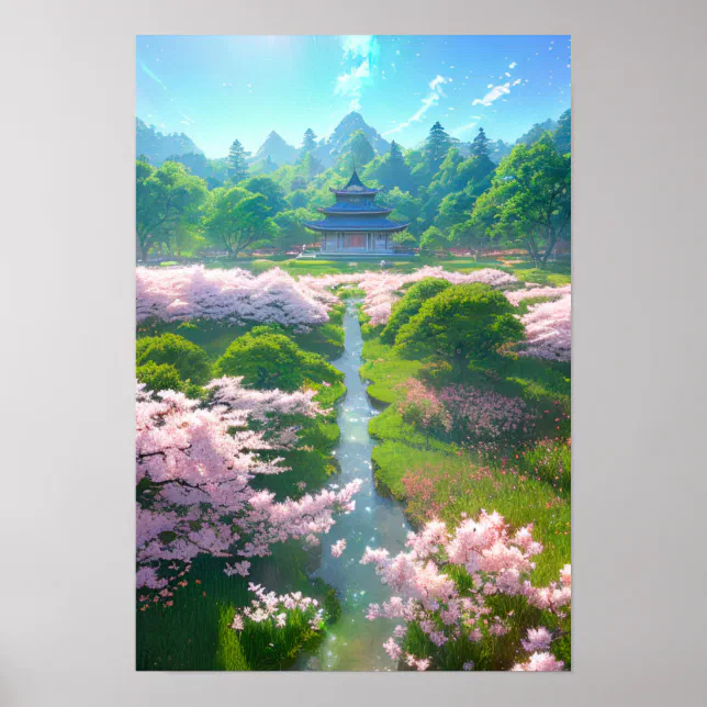 Japanese Temple in a Sakura Field Poster | Zazzle