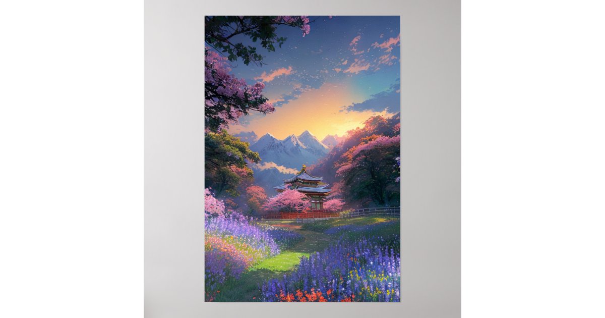Japanese Temple in the Charming Garden Poster | Zazzle