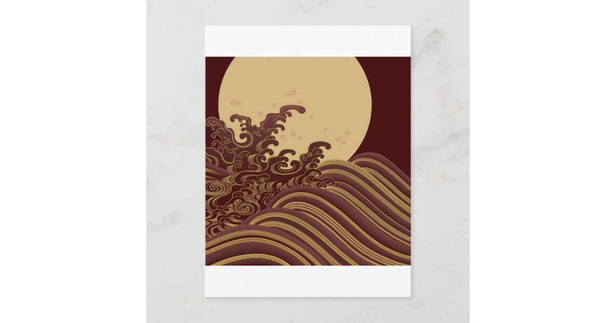 Japanese Traditional Wave and Moon Pattern Postcard | Zazzle