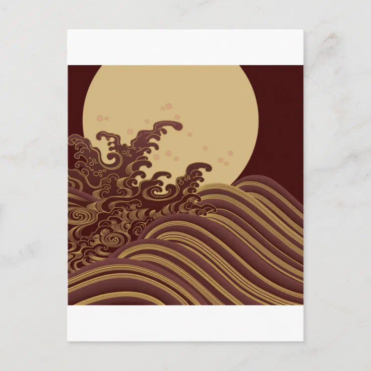 Japanese Traditional Wave and Moon Pattern Postcard | Zazzle