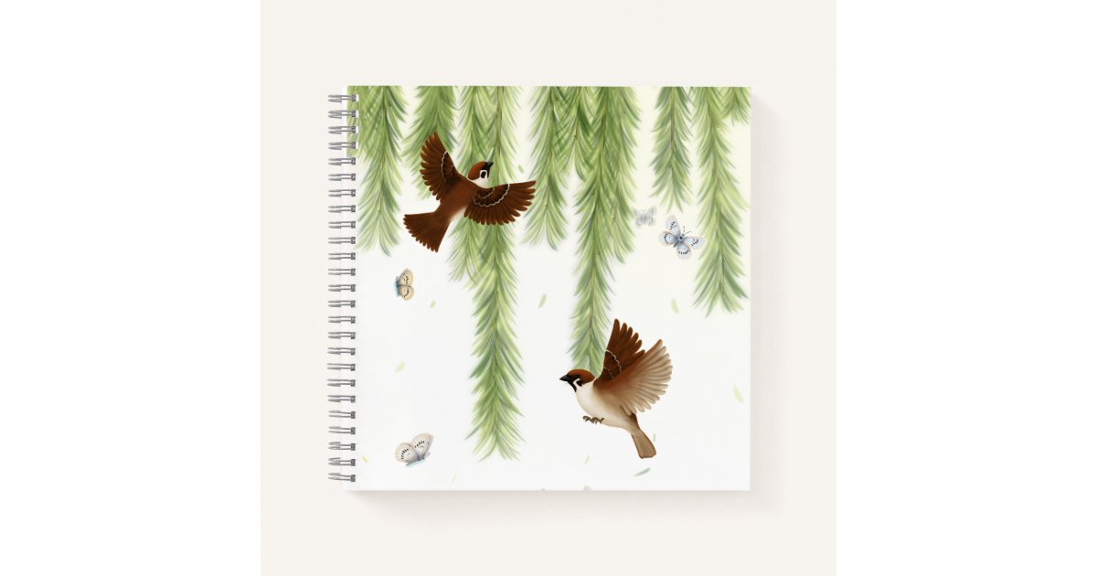 Japanese Tree Sparrows Under a Weeping Willow Notebook | Zazzle