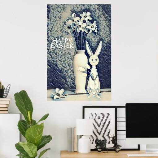 Japanese Ukiyo-e Style Bunny and Daffodils Easter Poster | Zazzle