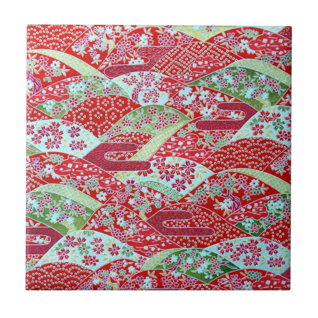 Japanese Washi Art Red Floral Origami Yuzen Tile | Zazzle