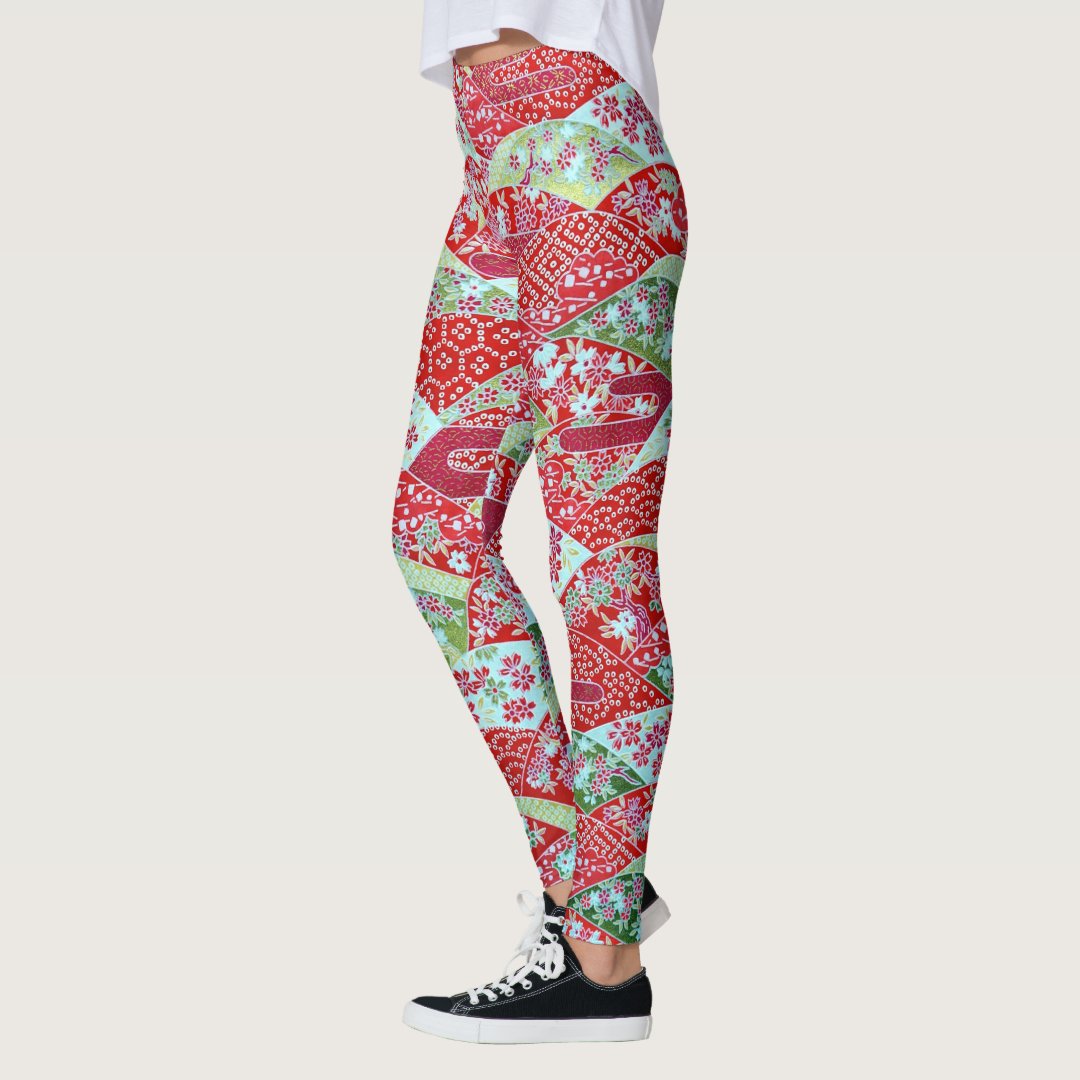 Japanese Washi Red Floral Origami Yuzen Leggings | Zazzle