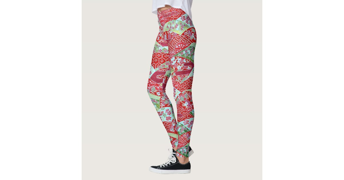 Japanese Washi Red Floral Origami Yuzen Leggings | Zazzle