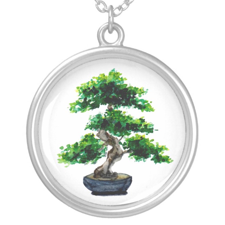 Japanese Watercolor Bonsai Tree Silver Plated Necklace | Zazzle