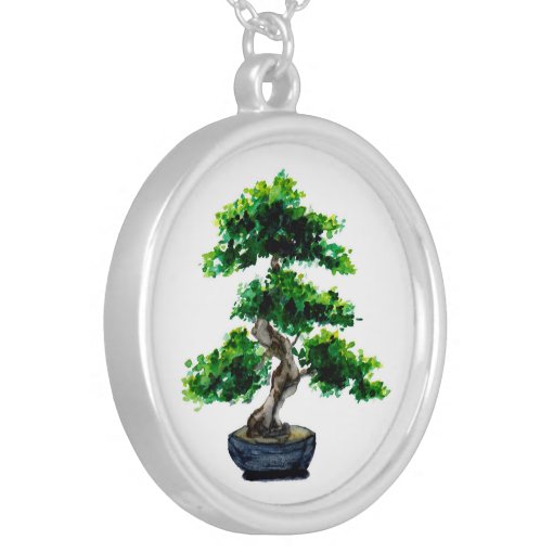 Japanese Watercolor Bonsai Tree Silver Plated Necklace | Zazzle