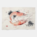 Japanese Watercolor Shrimp Art with Calligraphy Kitchen Towel | Zazzle