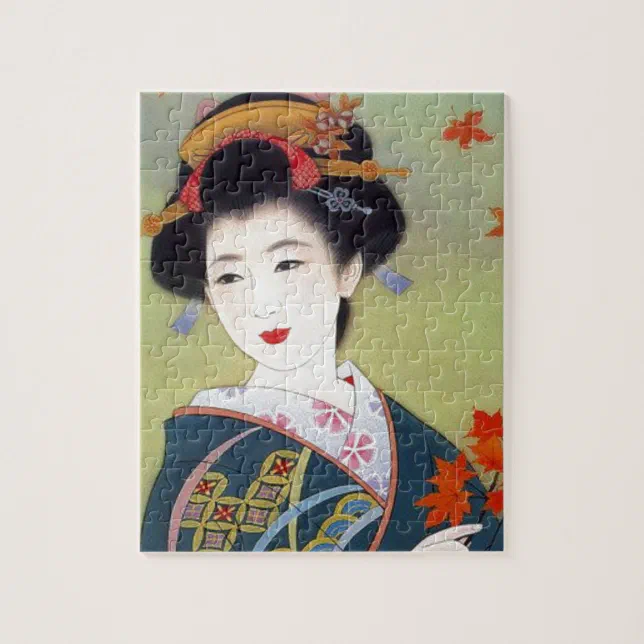 Japanese woman in blue kimono jigsaw puzzle | Zazzle