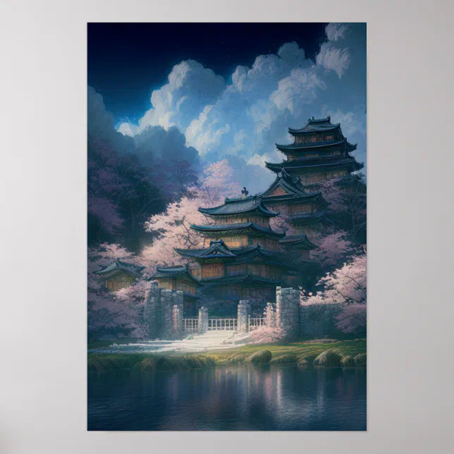 Japanese Wooden Castle by Calm Lake Poster | Zazzle
