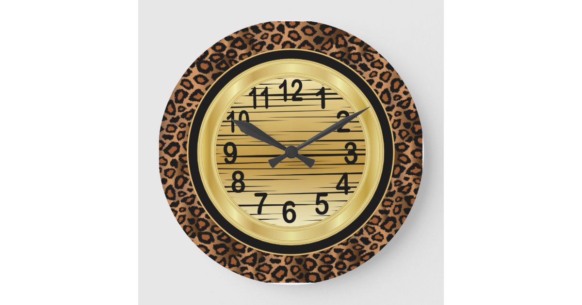 Jaquar Animal Print with Gold Scribble Design Large Clock | Zazzle