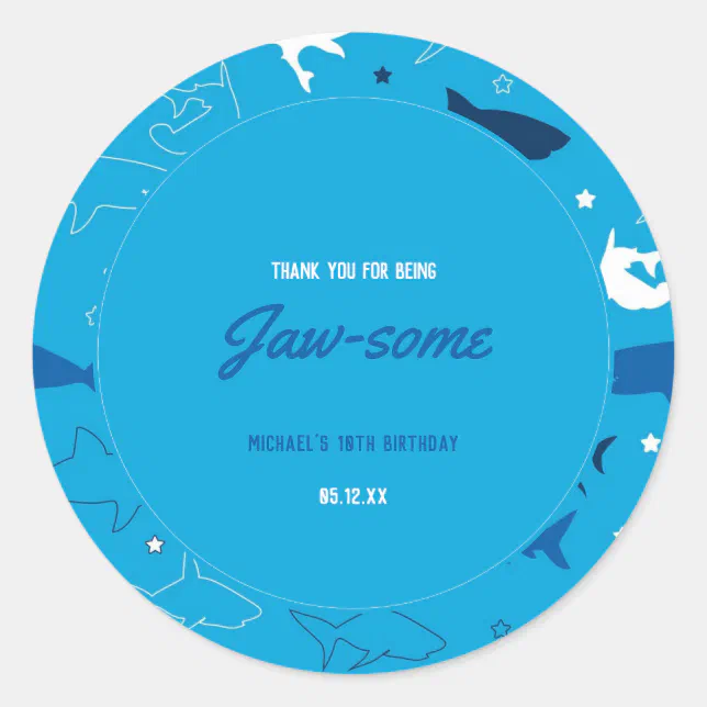 Jaw-some Shark Birthday Party Round Sticker | Zazzle