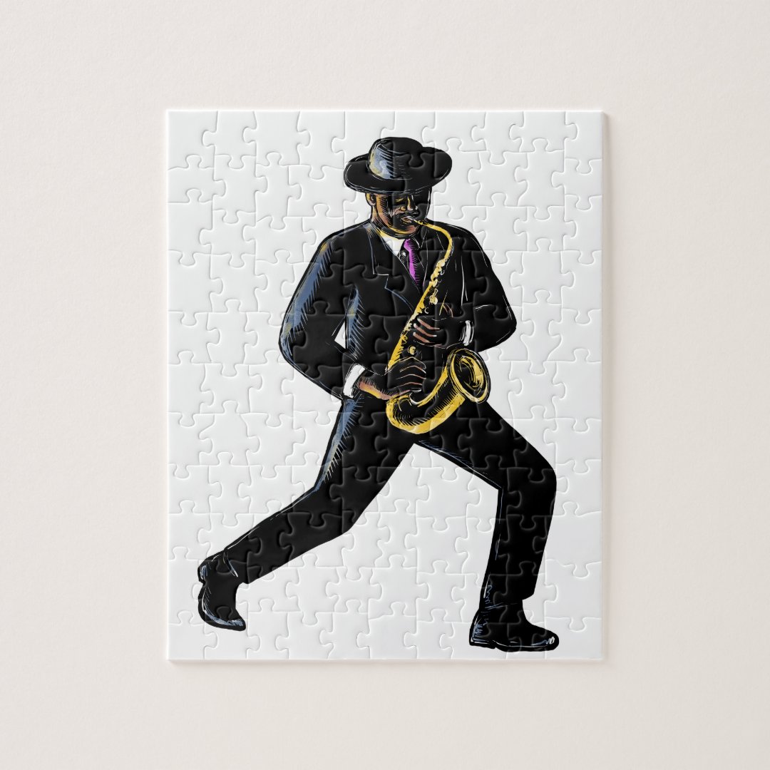 Jazz Musician Playing Saxophone Scratchboard Jigsaw Puzzle | Zazzle