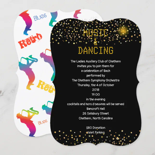 Jazz Retro Music & Dances, Blues Party Saxophonist Invitation | Zazzle