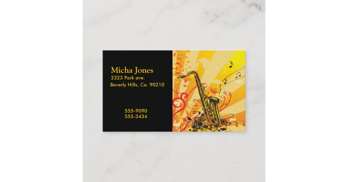 Jazzy Saxophone Beams Of Music Business Card | Zazzle