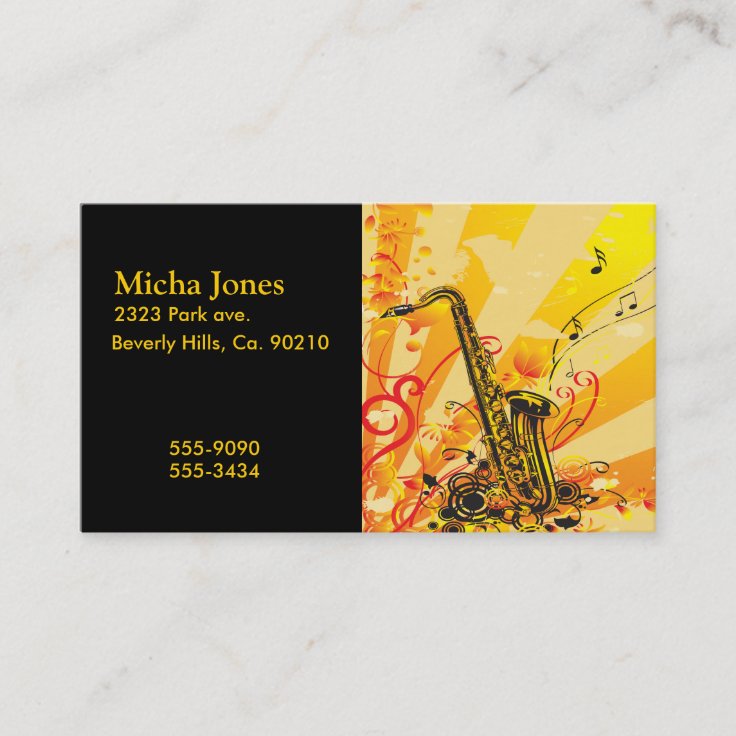 Jazzy Saxophone Beams Of Music Business Card | Zazzle