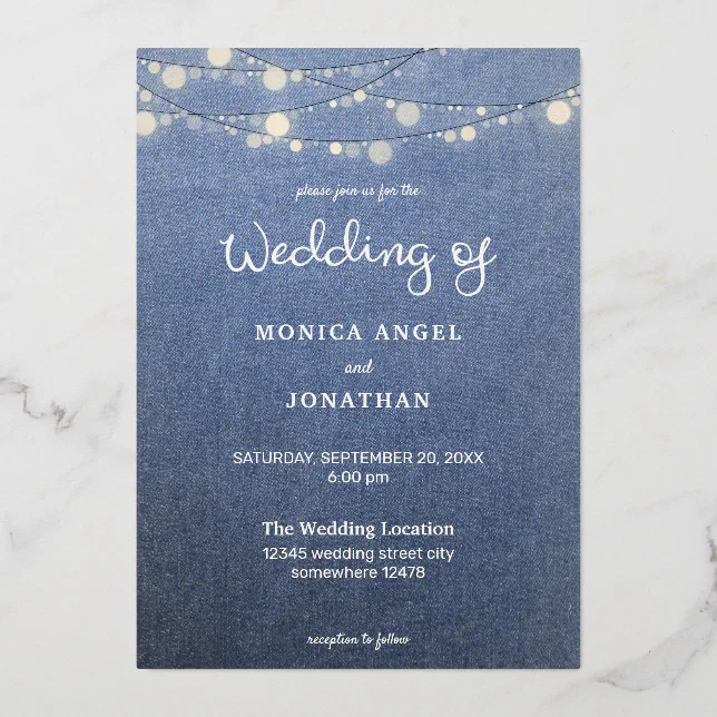 Jean Lace & String Lights Wedding Foil Invitation | Zazzle