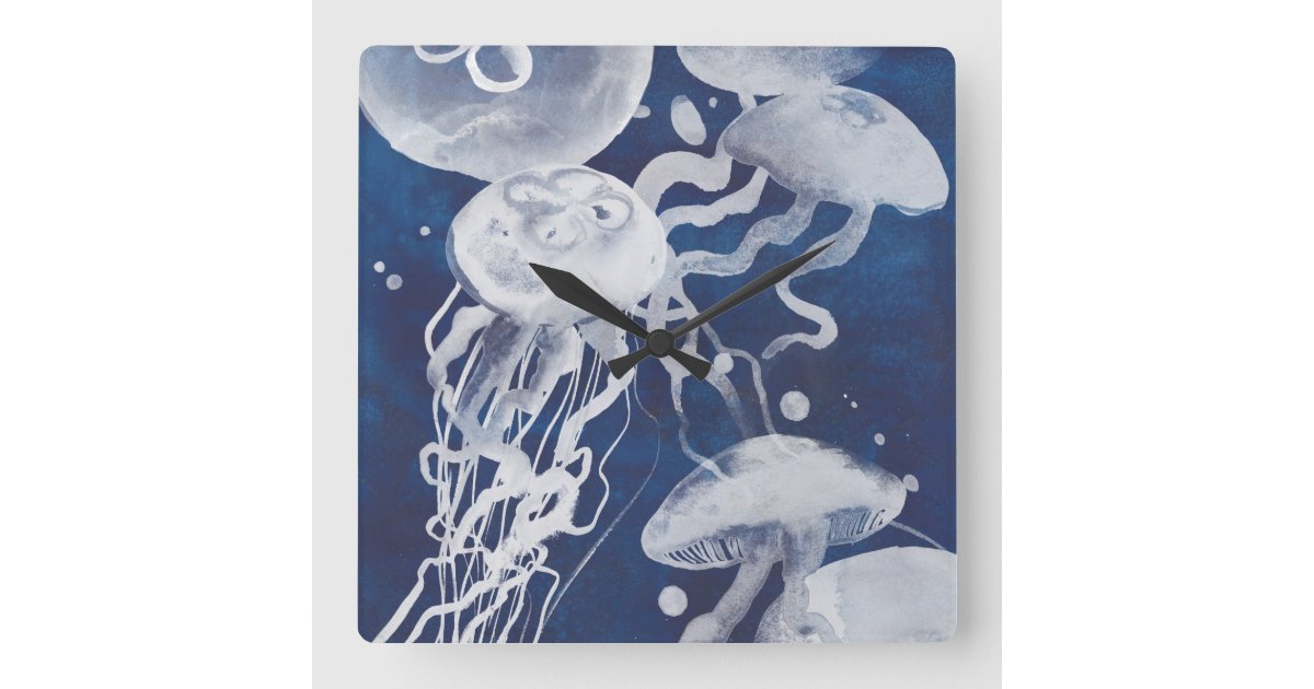 Jellyfish on Navy Background Square Wall Clock | Zazzle
