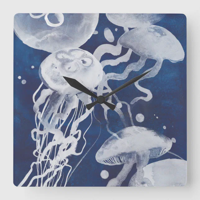 Jellyfish on Navy Background Square Wall Clock | Zazzle