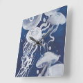 Jellyfish on Navy Background Square Wall Clock | Zazzle