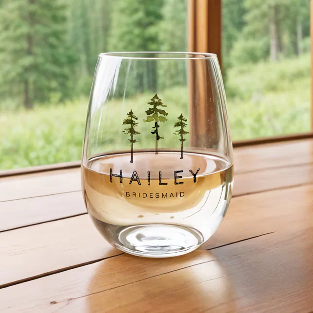 JENNA Pine Tree Camp Mountain Bachelorette Stemless Wine Glass | Zazzle